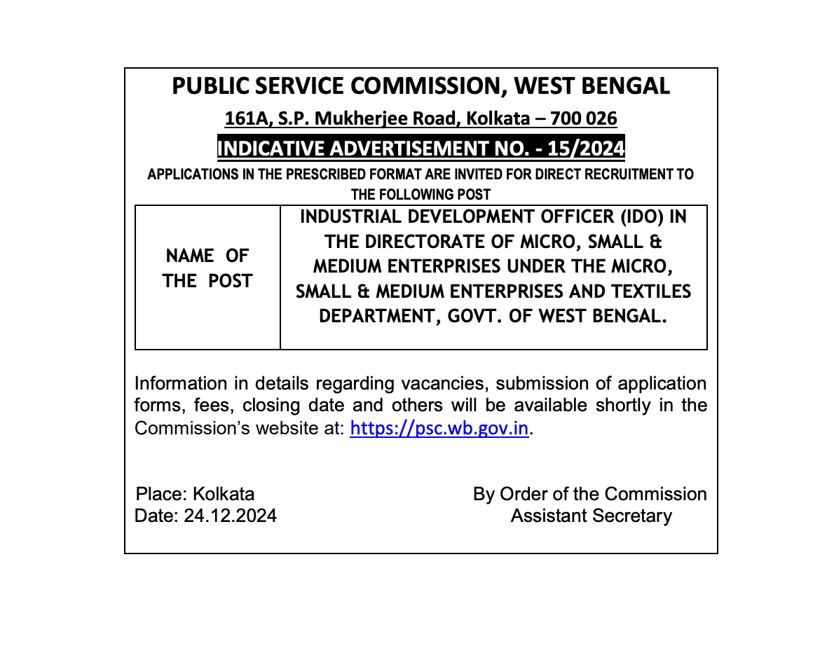 WBPSC IDO Recruitment 2025 Check Vacancy, Eligibility Advt 15/24